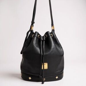 MCM | Bags | Mcm Black Leather Drawstring Bucket Bag Visetos Logo Gold ...